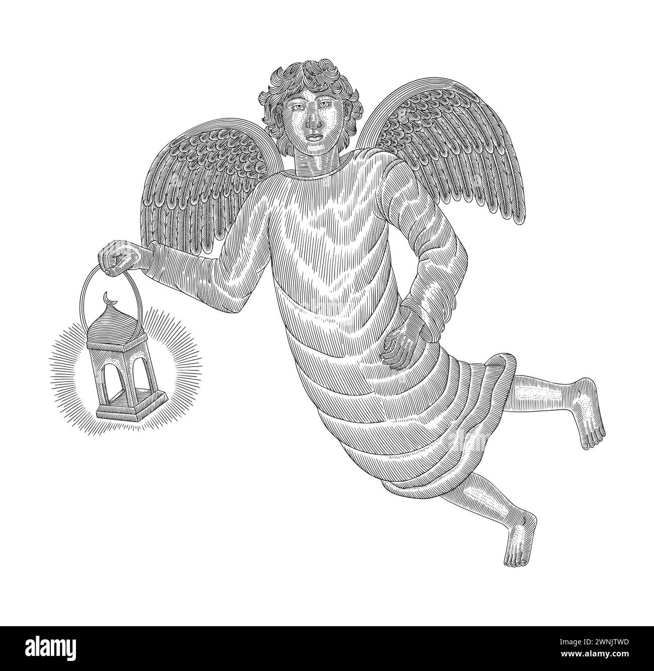Angel bring antique lantern , Vintage engraving drawing style ...