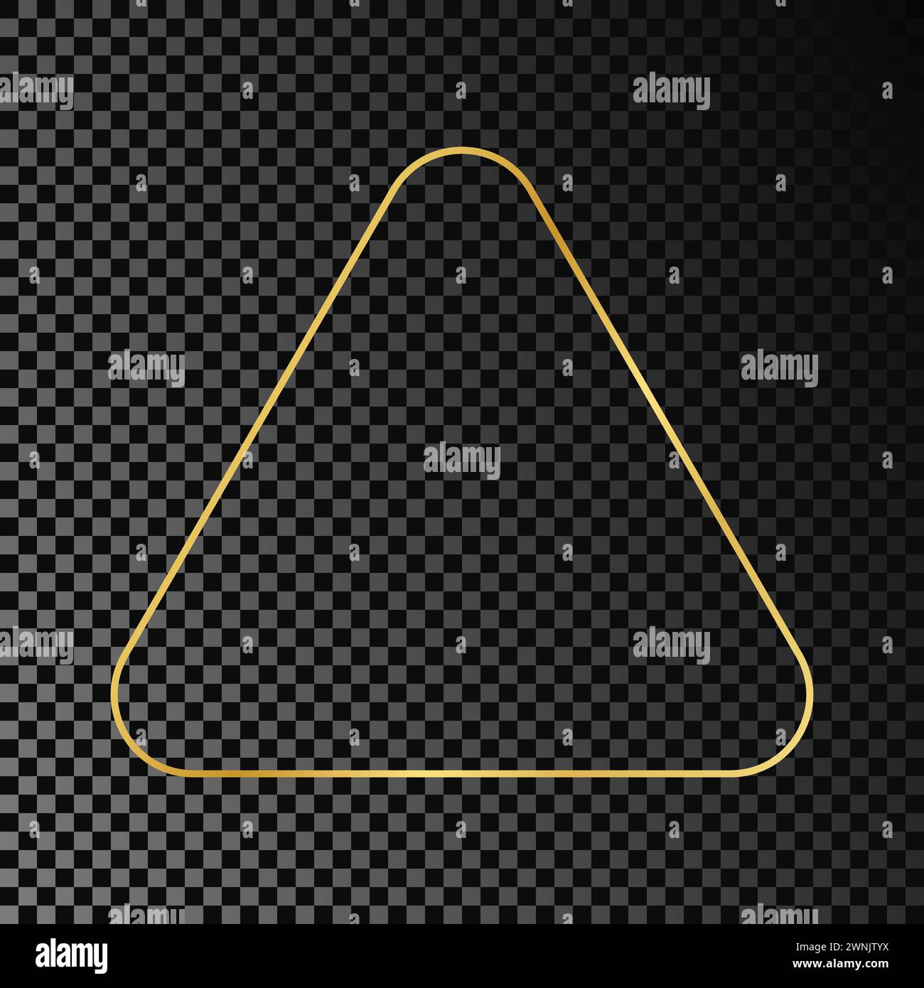 Gold glowing rounded triangle frame isolated on dark transparent background. Shiny frame with ...