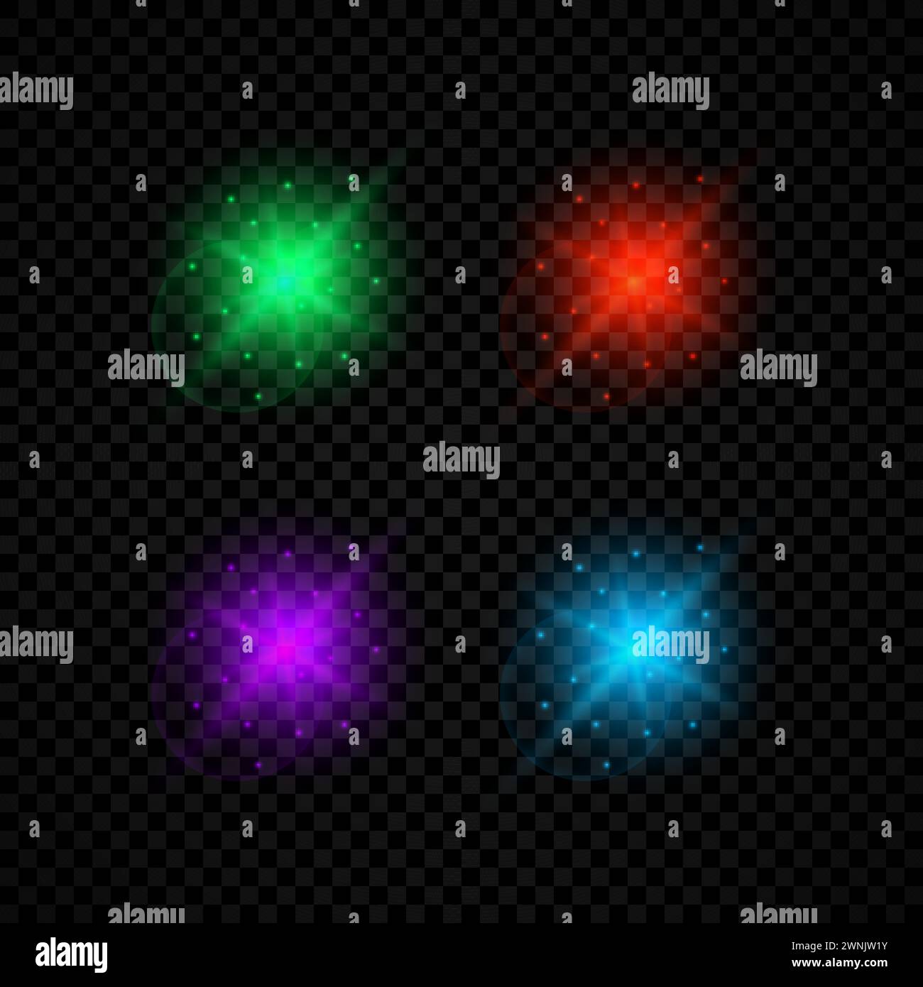 Light effect of lens flares. Set of four green, red, purple and blue ...