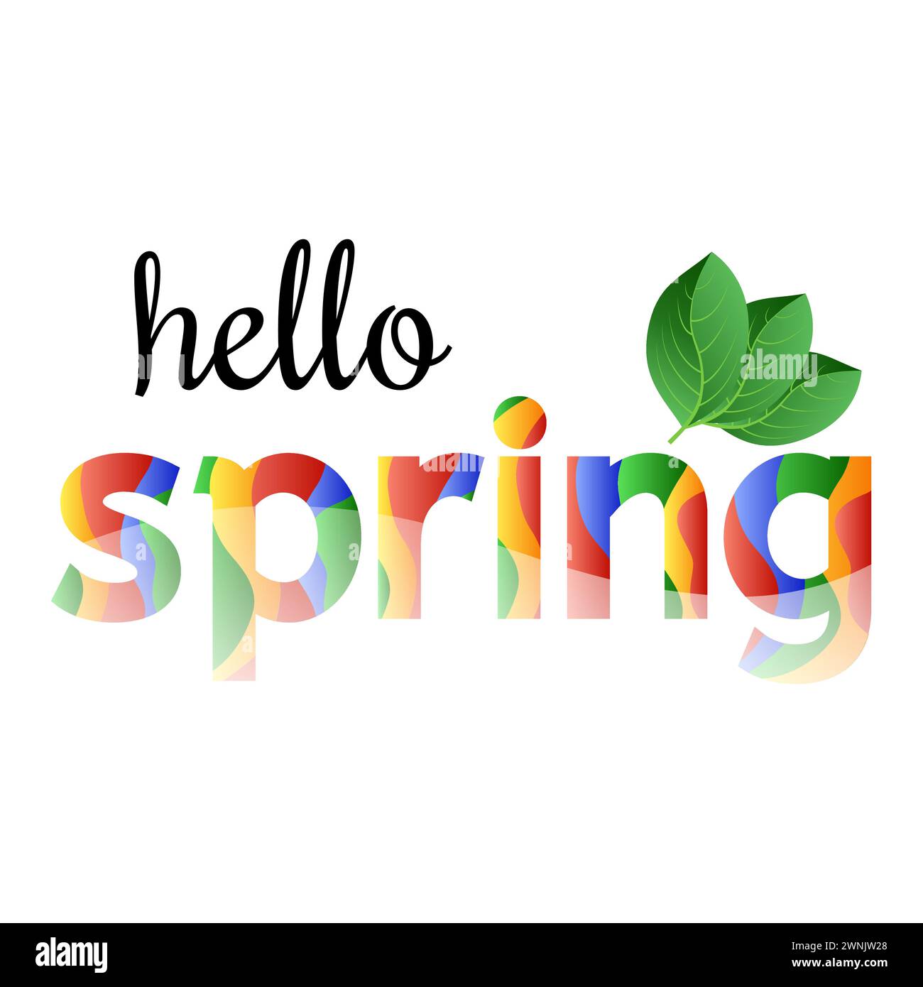 Сolorful phrase Hello Spring with green leaves. Vector illustration ...