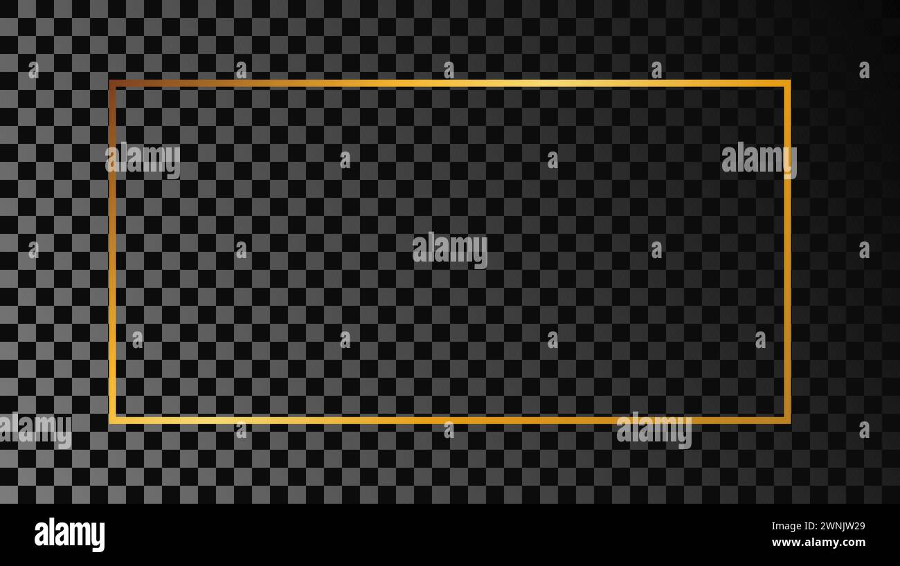 Gold glowing rectangular shape frame isolated on dark transparent background. Shiny frame with ...