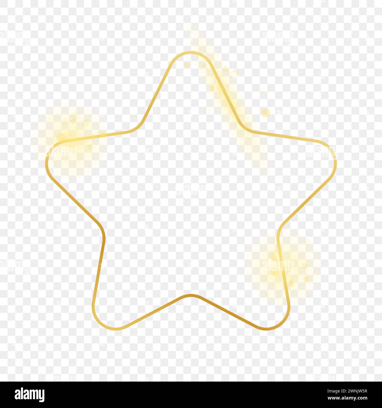 Gold glowing rounded star shape frame isolated on transparent background. Shiny frame with ...