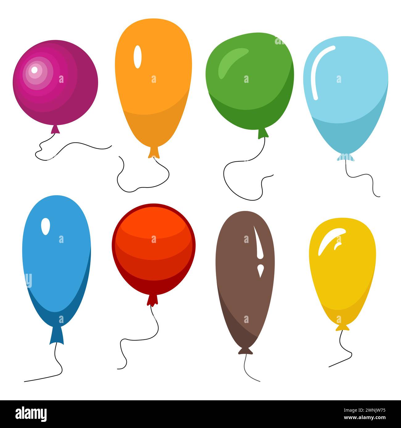 Set of eight colorful balloons with a string isolated on white ...