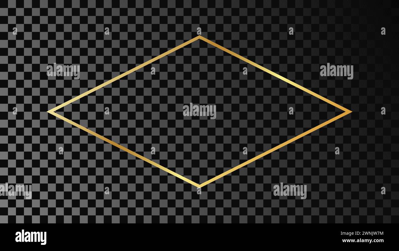 Gold glowing rhombus shape frame isolated on dark transparent background. Shiny frame with ...