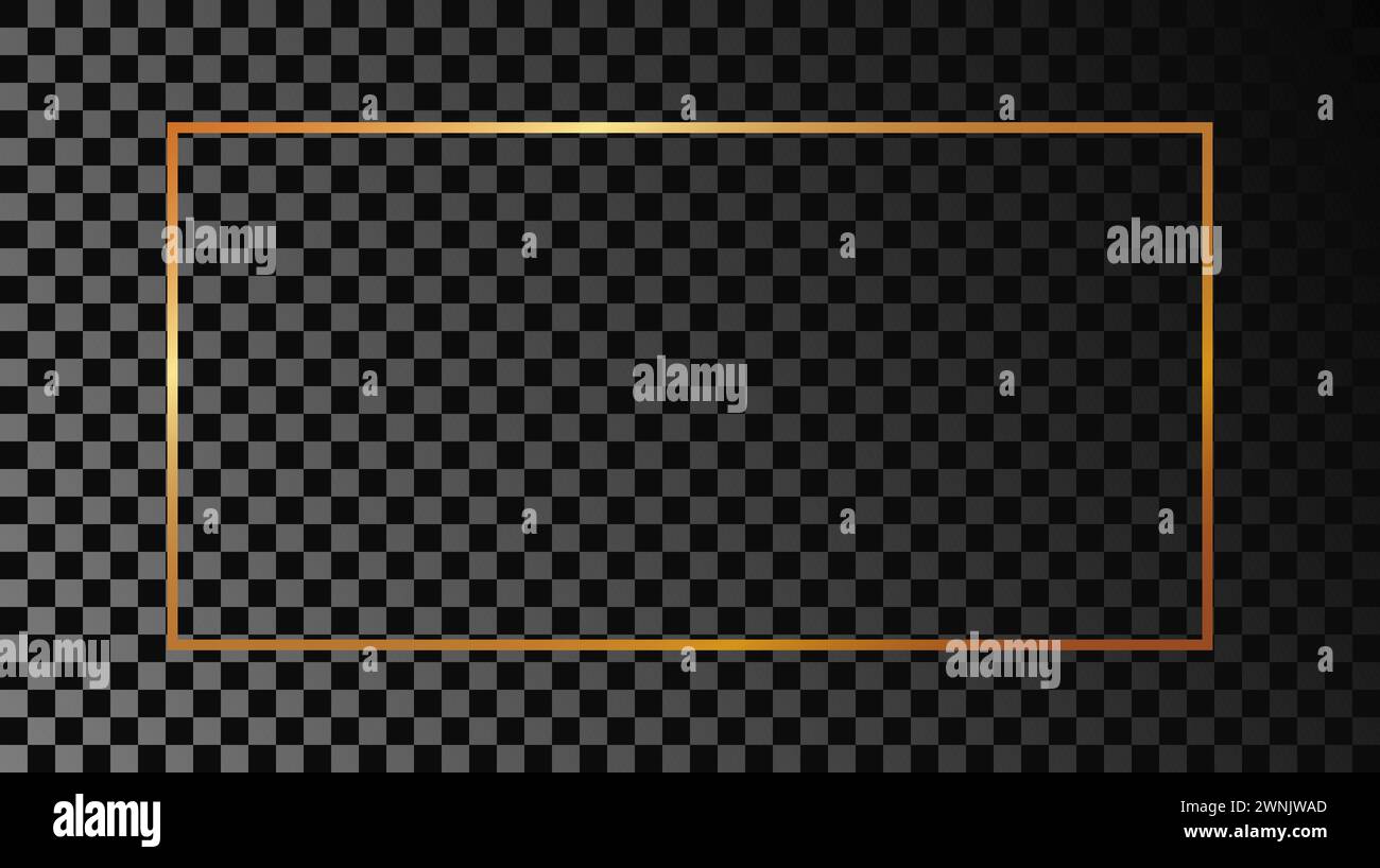 Gold glowing rectangular shape frame isolated on dark transparent background. Shiny frame with ...