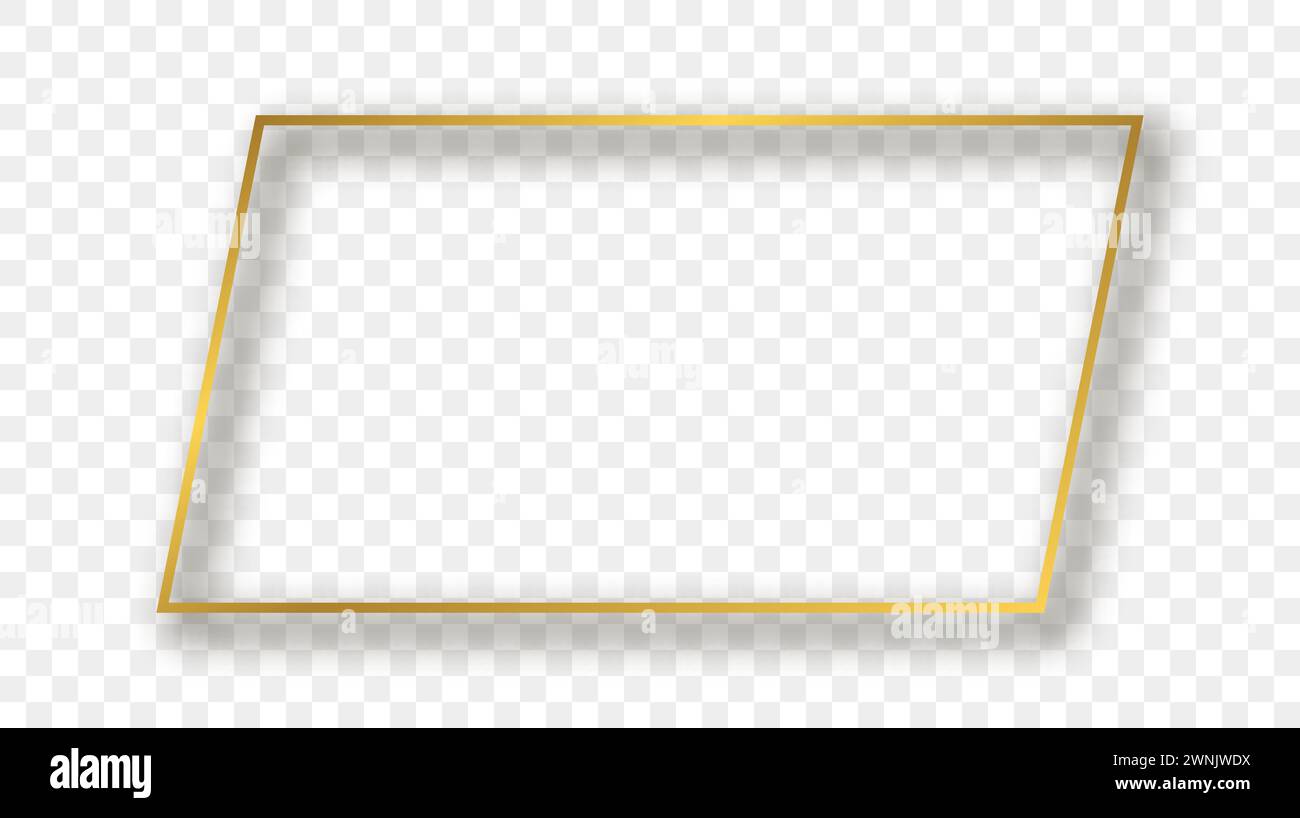 Gold glowing rectangular shape frame with shadow isolated on transparent background. Shiny frame ...