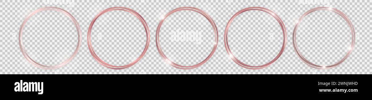 Set of five double rose gold shiny round frames with glowing effects ...