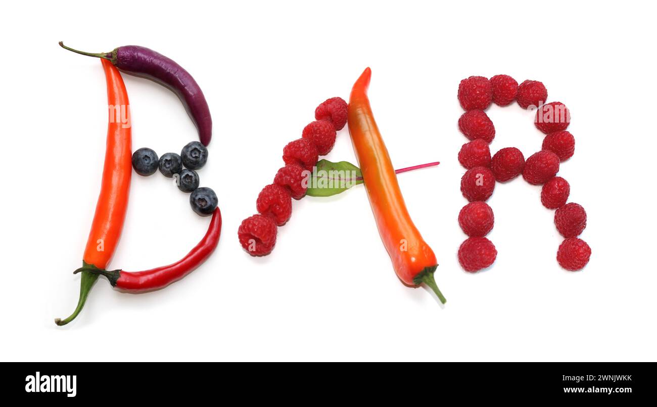 word BAR from purple red orange chili peppers, berry, green salad ...