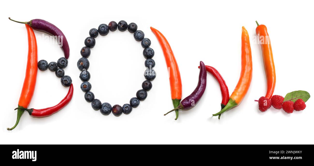 word BOWL from purple red orange chili peppers, berry, green salad ...