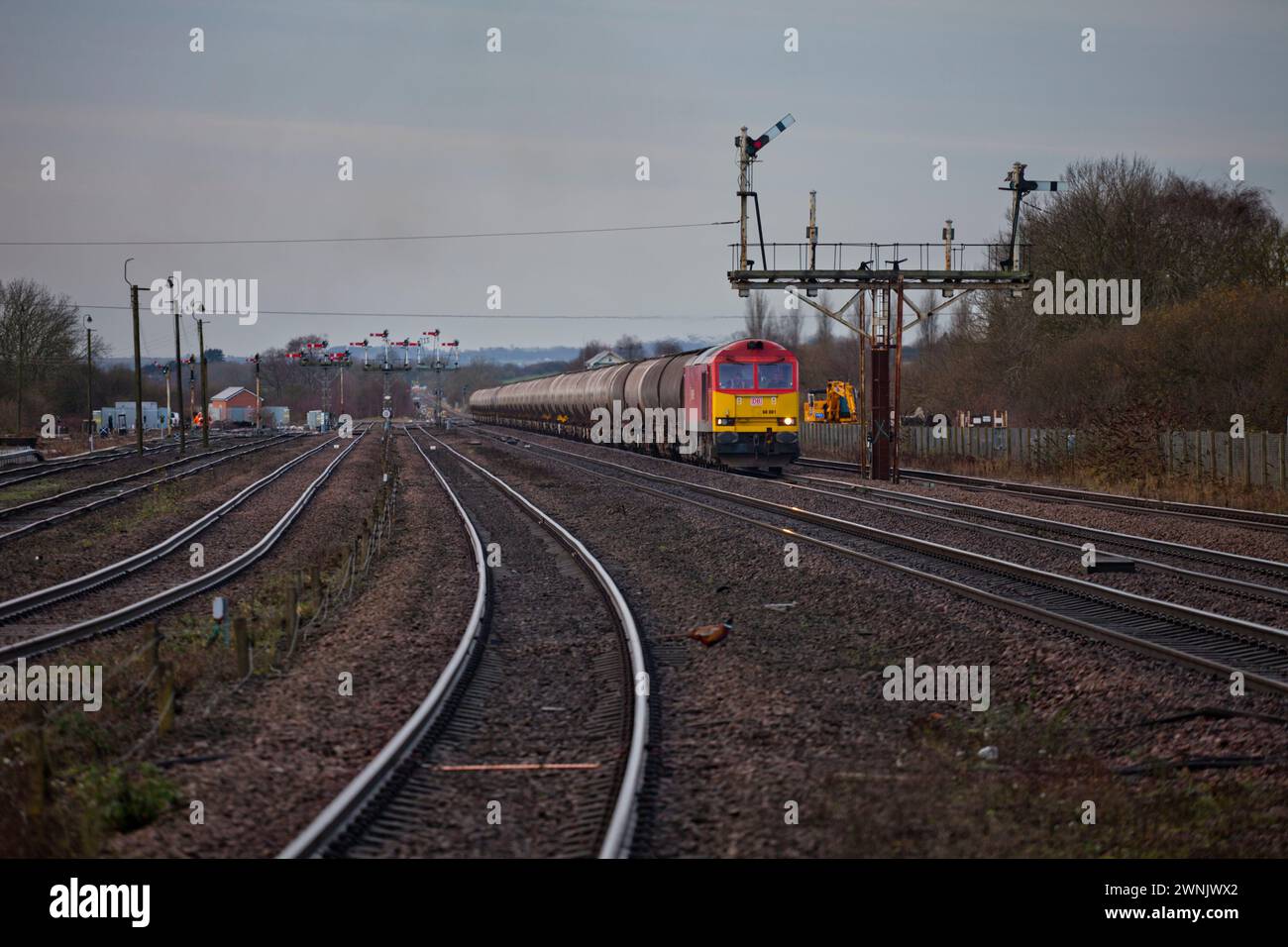 DB Cargo class 60 diesel locomotive hauling a long freight train of oil ...
