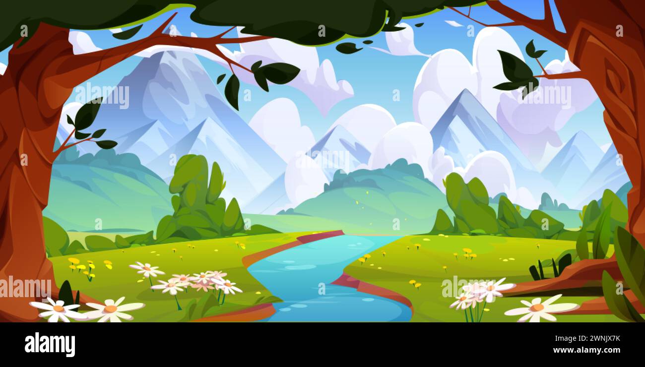 River stream flowing from mountains to meadow with green grass and ...