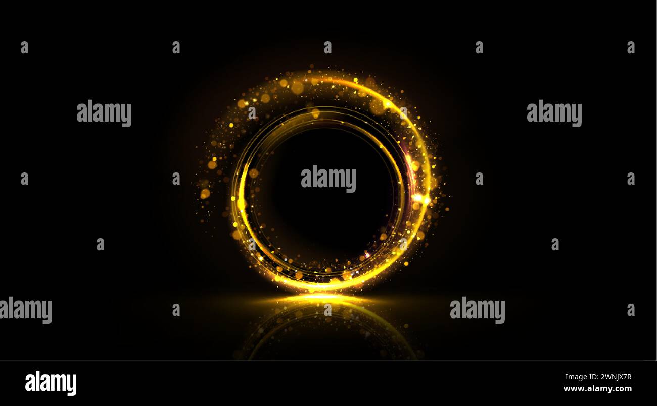 Golden glowing circle frame with glitter sparkle on black background ...