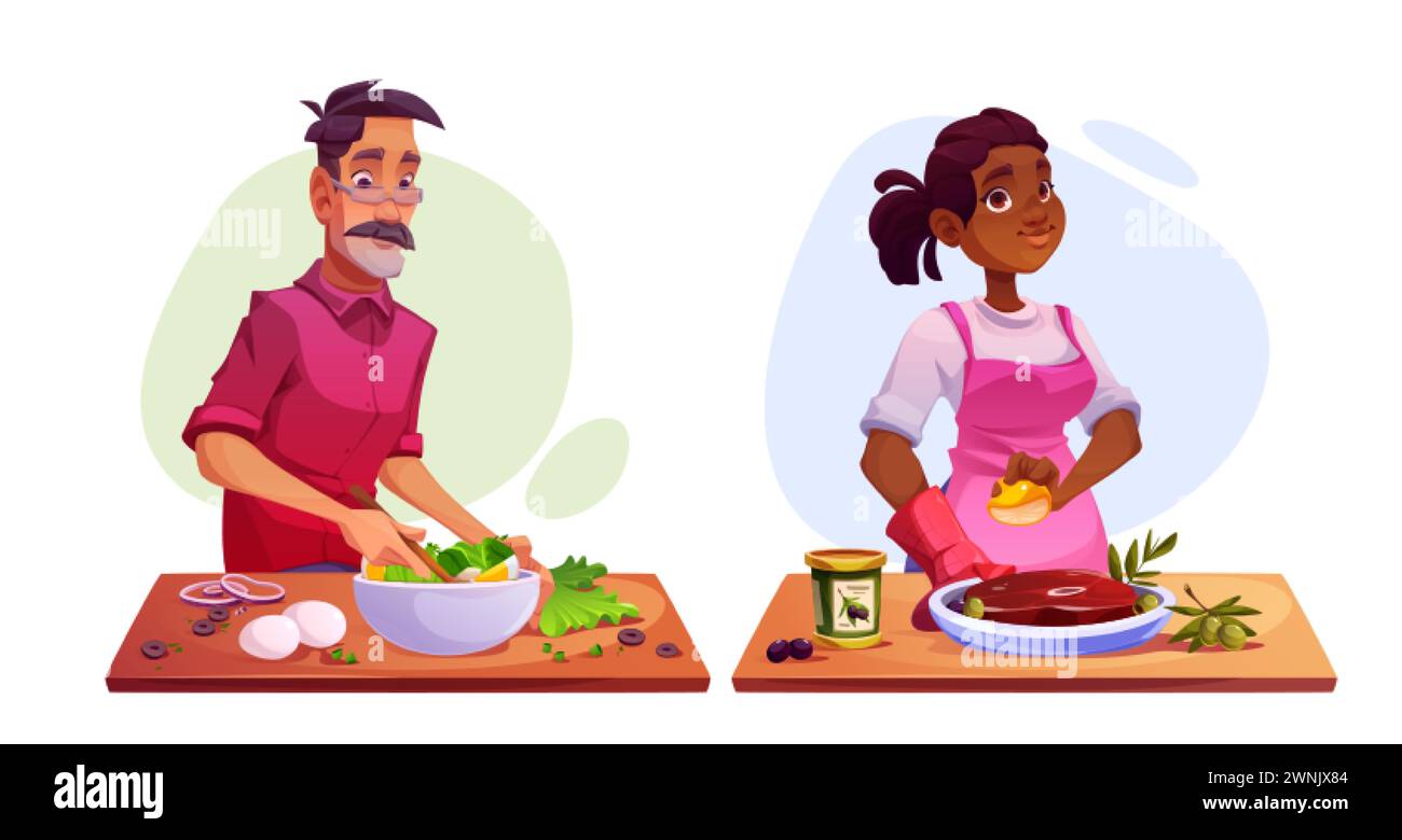 Food cooking process - cartoon vector illustration set of man and woman ...