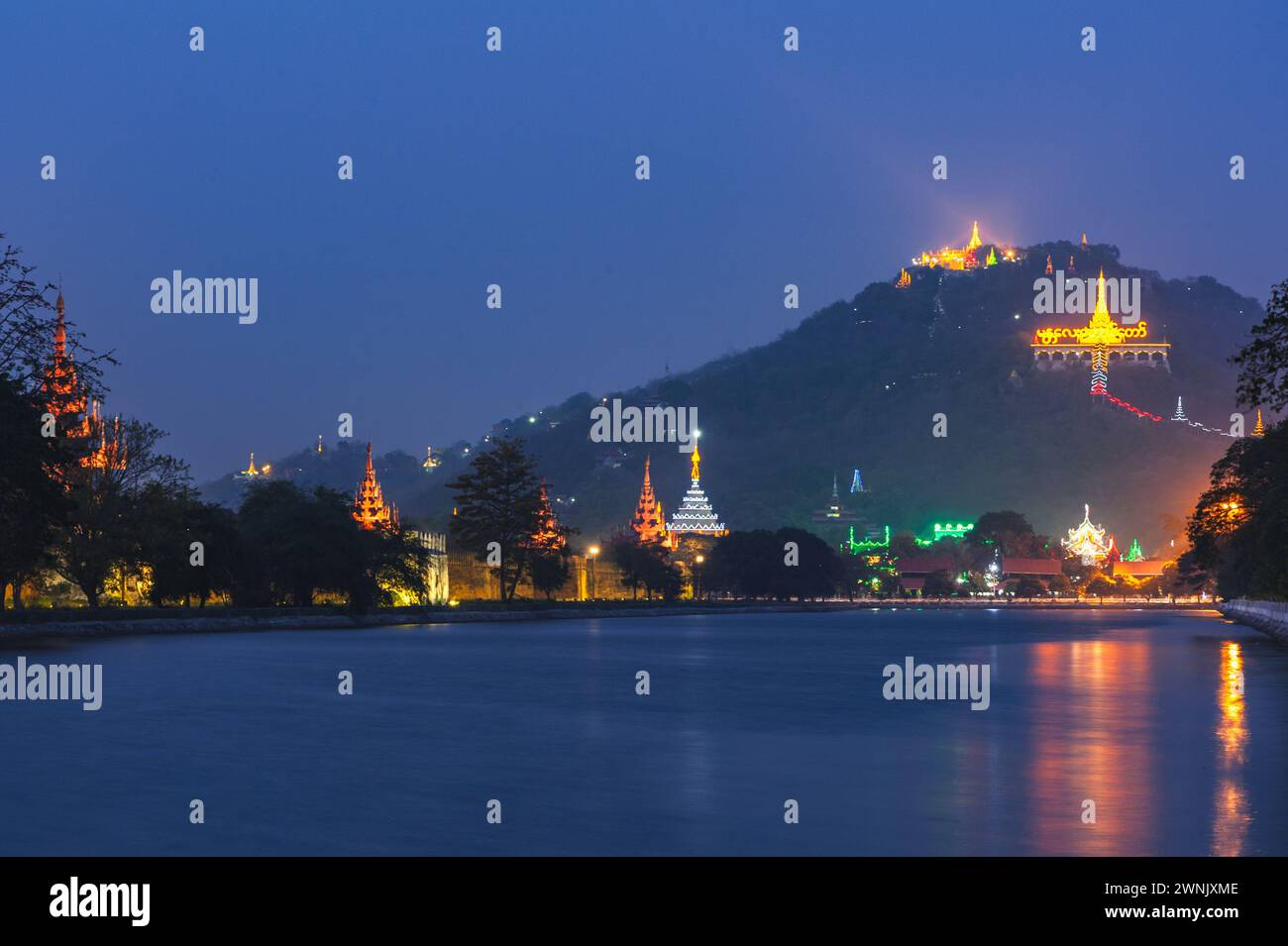 Night view of Mandalay palace and Mandalay Hill in Myanmar Burma Stock ...