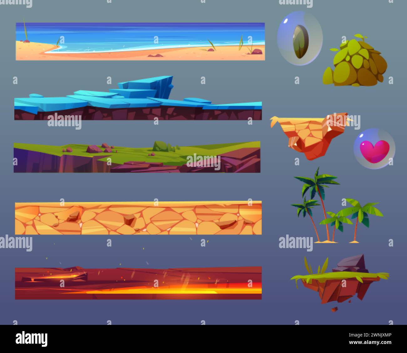 Game ui elements set with floating ground platform. Cartoon assets with ...