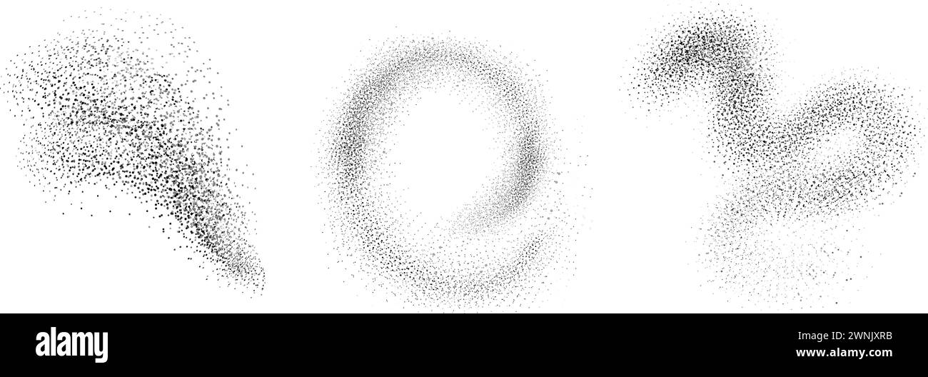 A set of halftone splatter forms forming dark lack stipple grain smoke ...