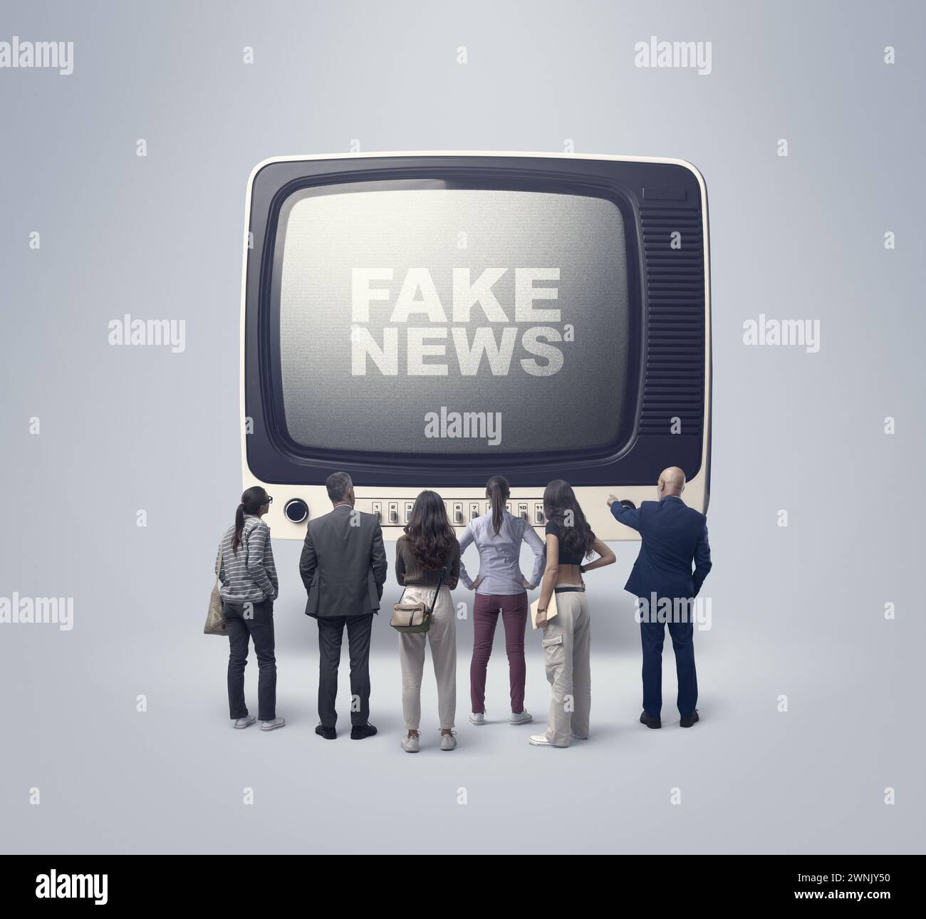 Group of people watching fake news on TV, they are standing in front of ...