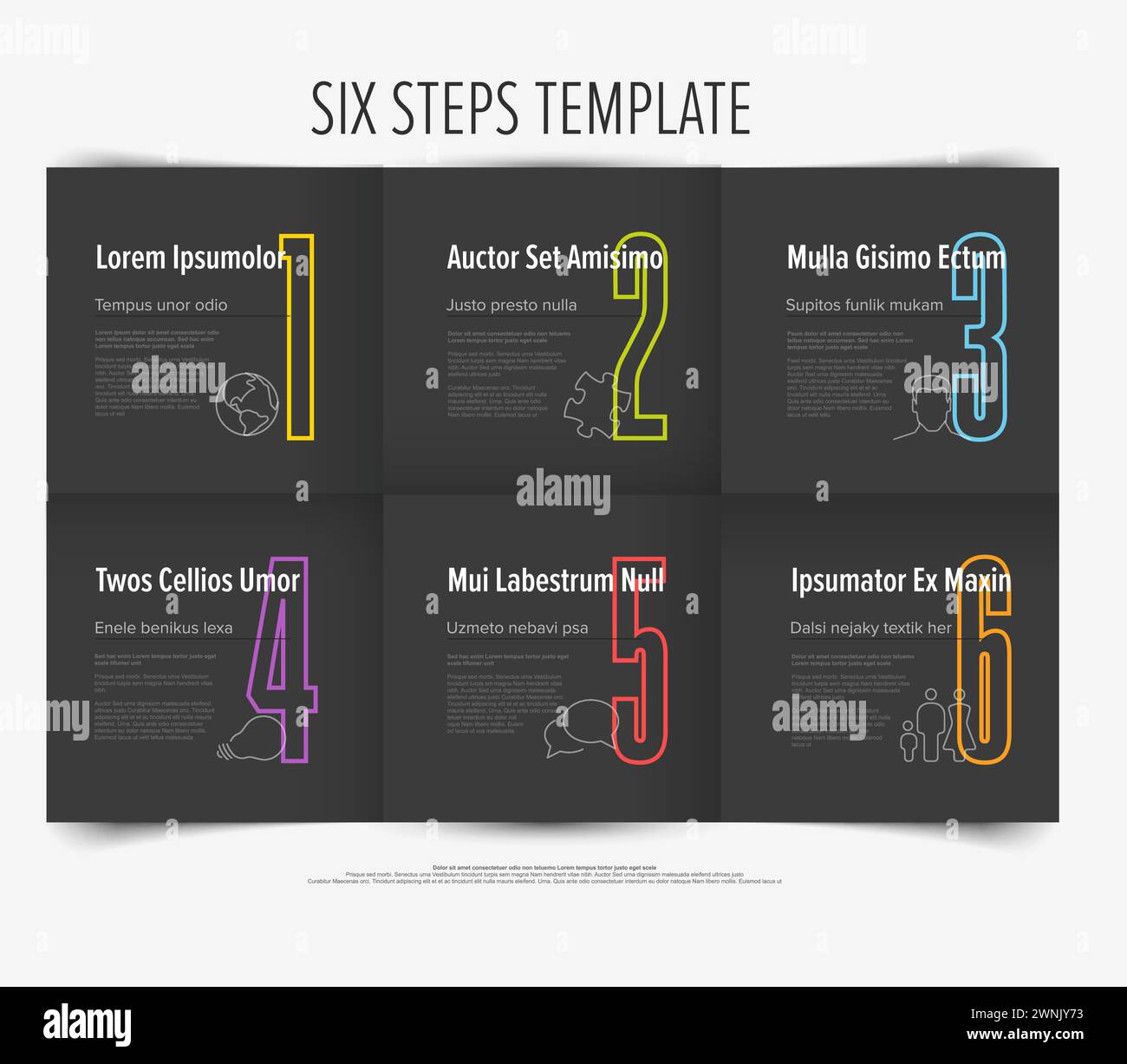 Dark progress steps template with descriptions icons and big color ...