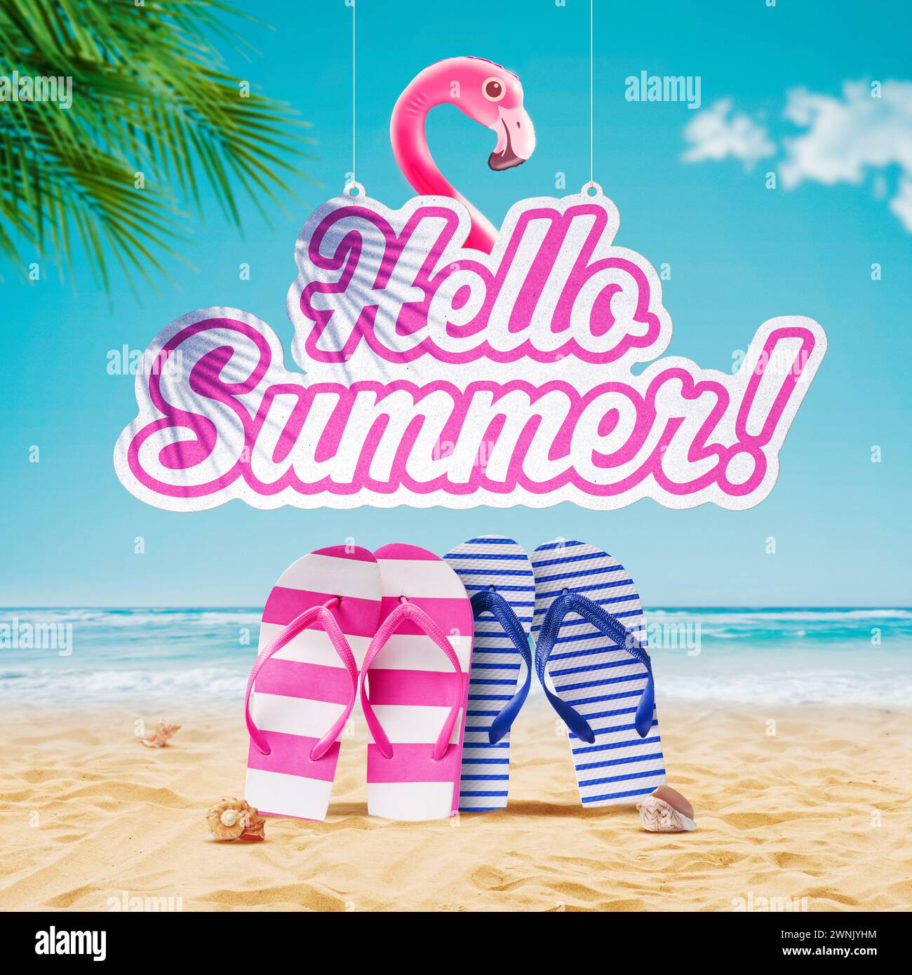 Hello Summer sign hanging and tropical beach, inflatable flamingo and ...