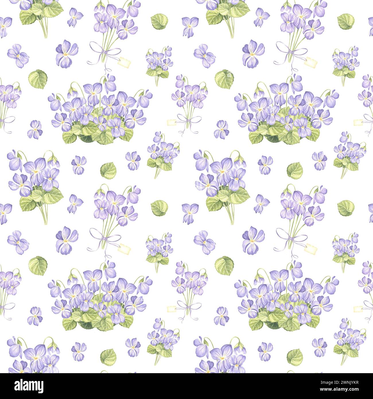 Seamless pattern from wild violets with green leaves. Hand drawn ...