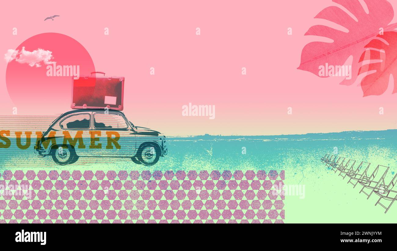 Summer vacations retro style collage with vintage car and beach Stock ...