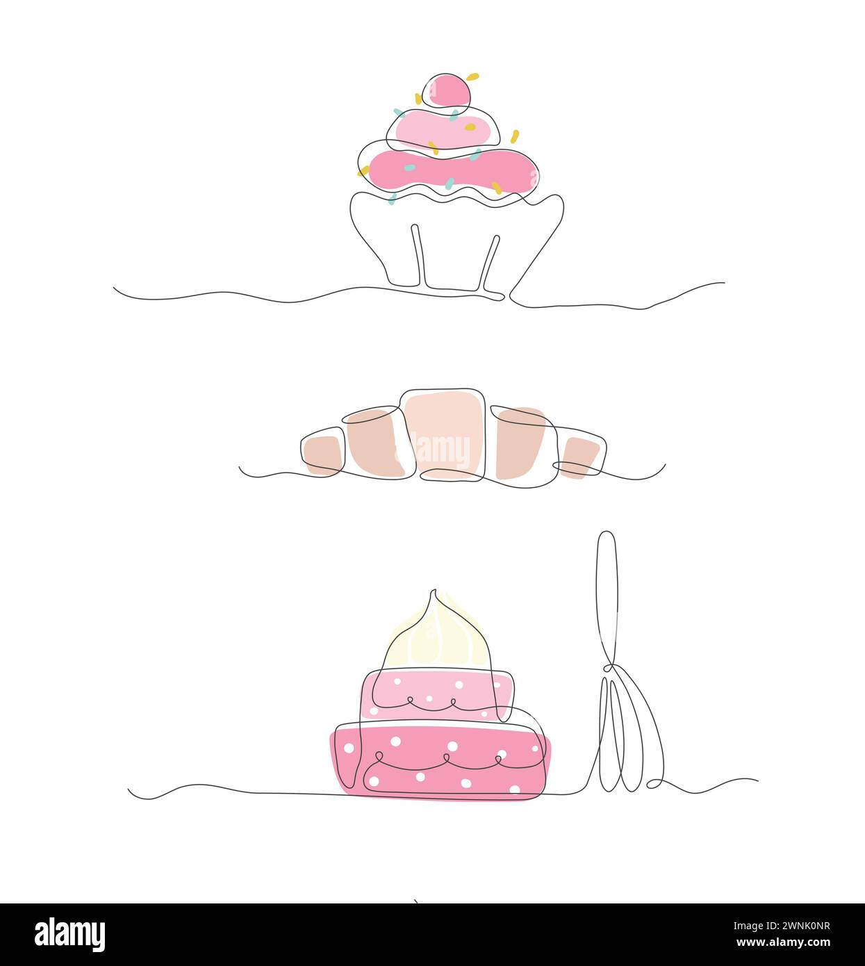 Line fresh baked pastries, desserts. Hand drawn monoline vector ...