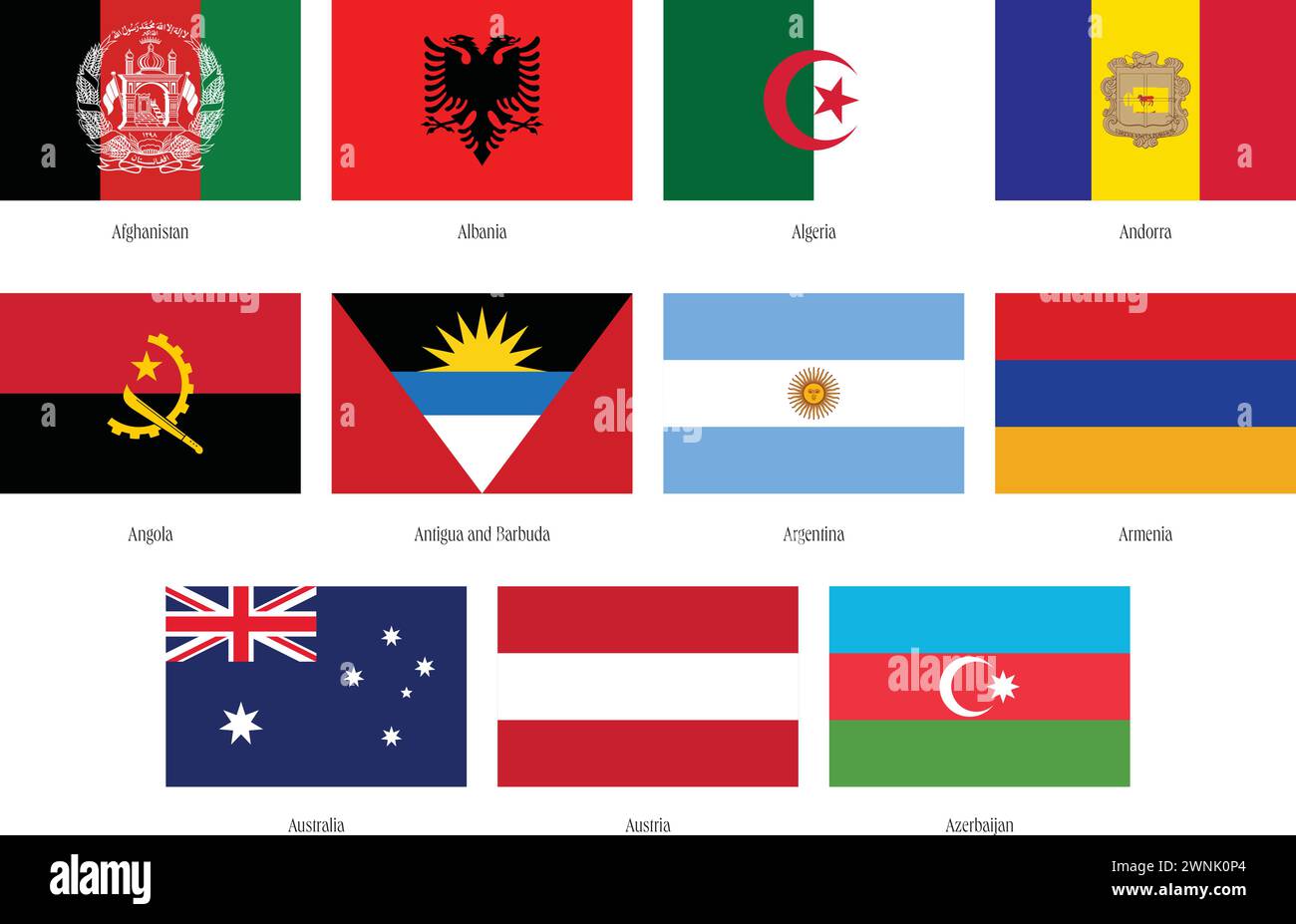 All national global flags starting with the letter "A". Round flags ...
