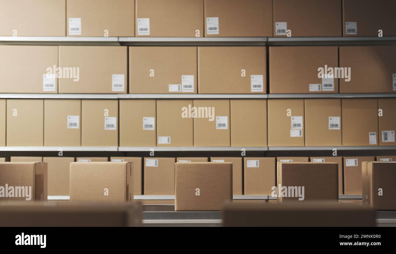 Many boxes on the conveyor belt at the warehouse and storage racks ...