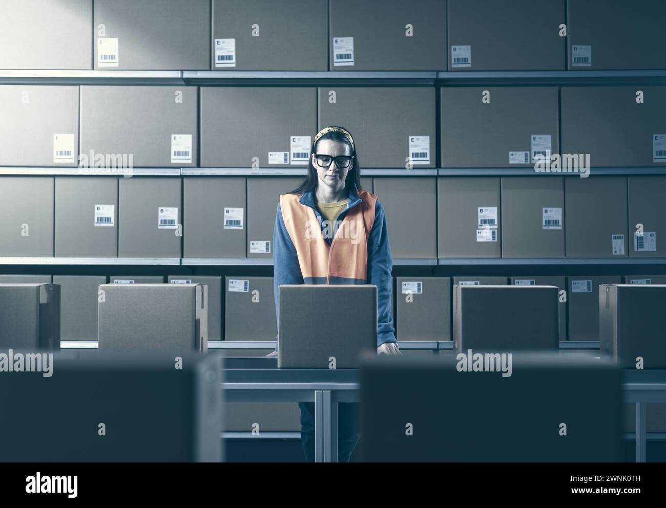 Young female worker checking packages and orders in the warehouse Stock ...