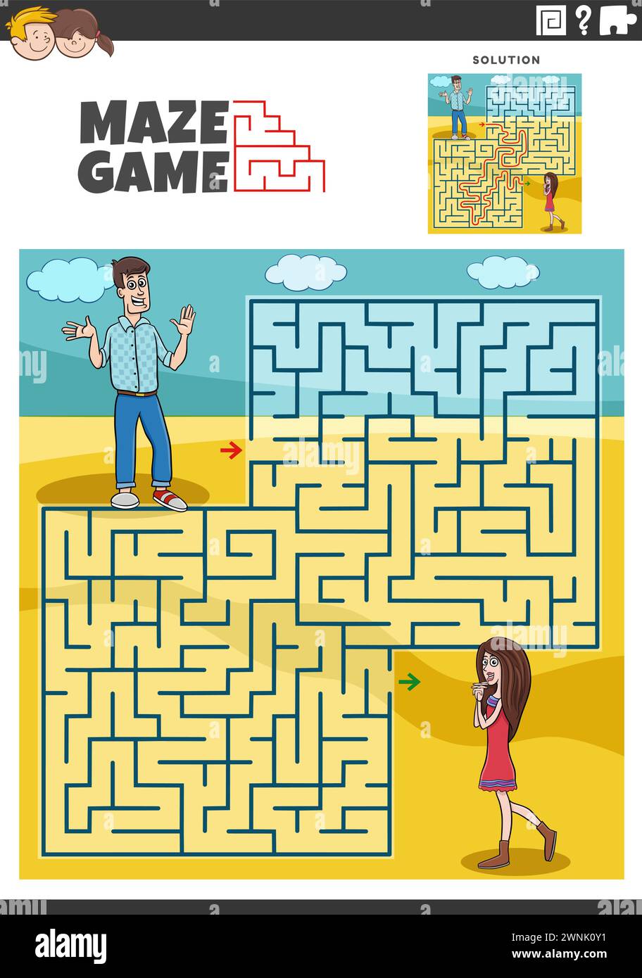Cartoon illustration of educational maze puzzle activity with young ...