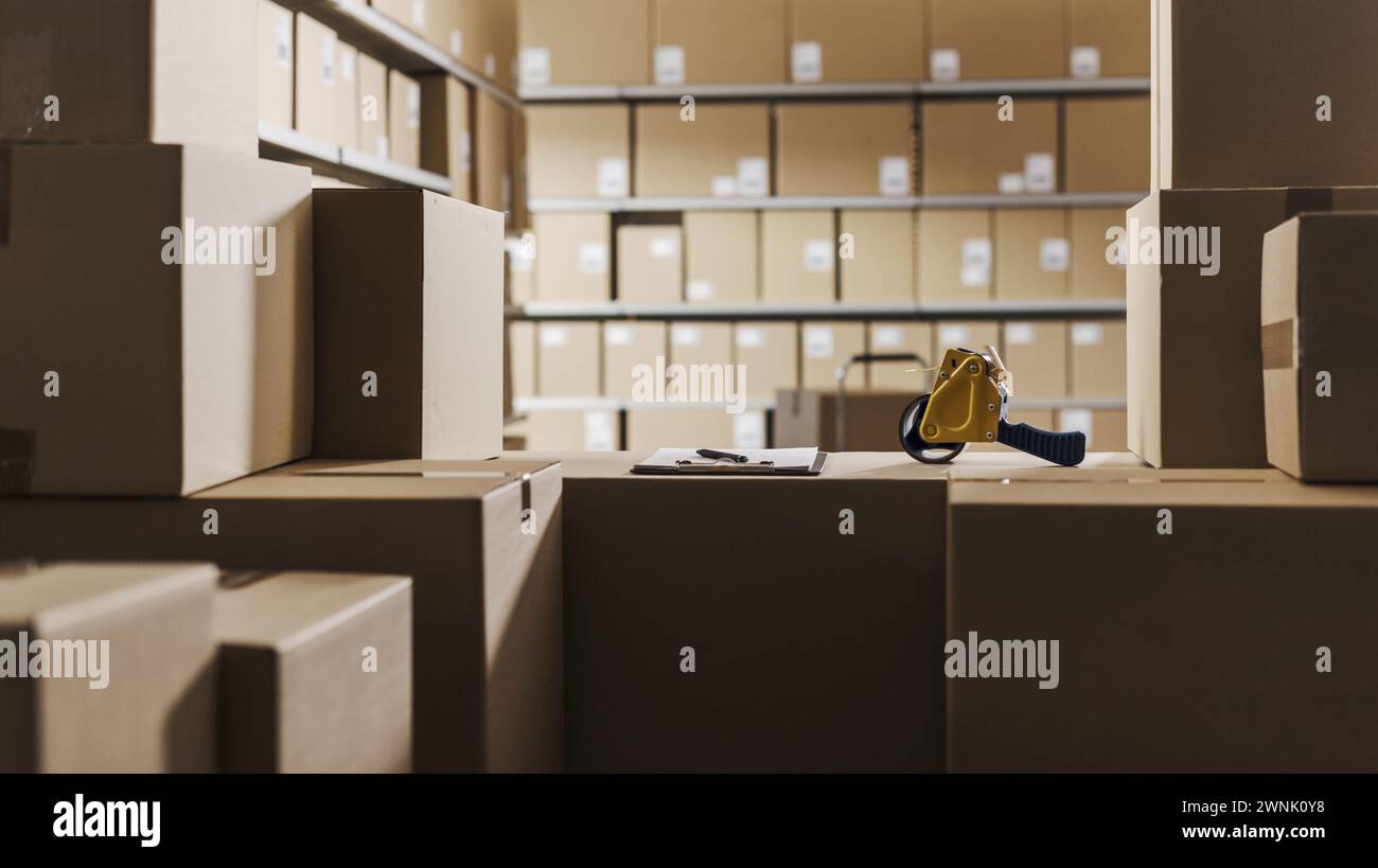 Warehouse interior with many cardboard boxes and parcels, logistics ...