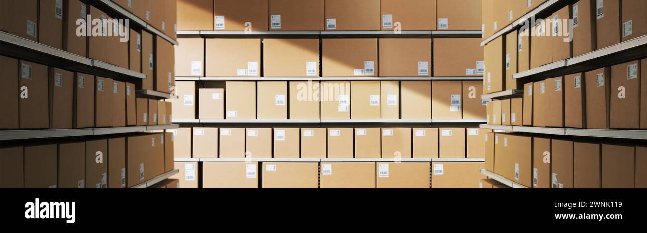 Distribution warehouse interior with many delivery boxes on shelves ...