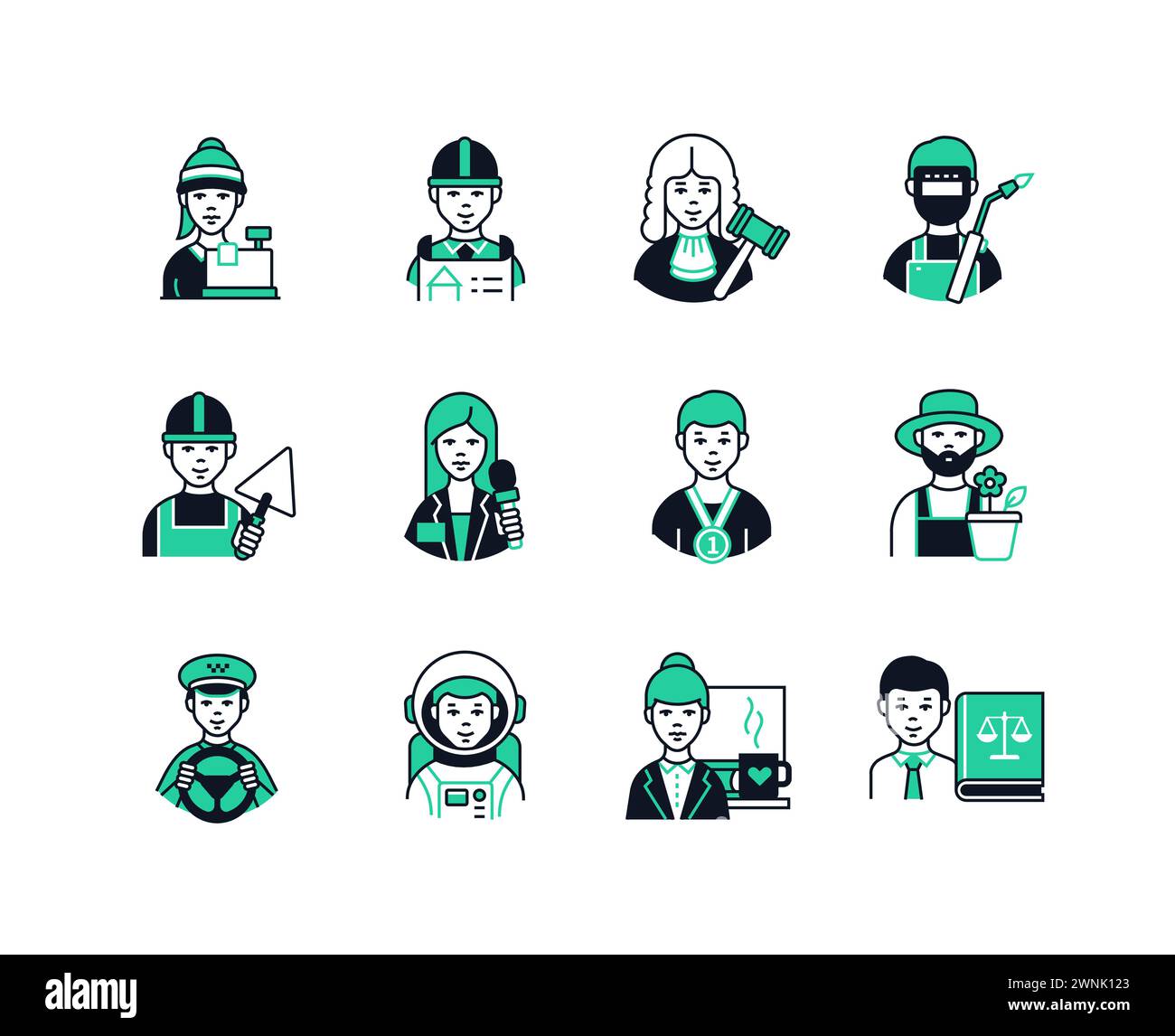 Professions for women and men - line design style icons set Stock ...