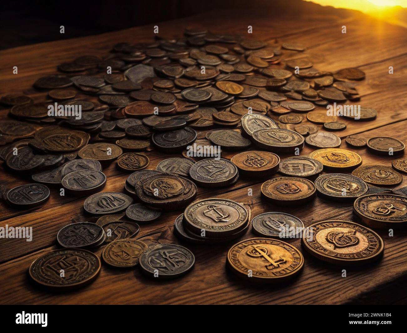 Various antique coins on a brown wooden table sparkle in the sun's rays ...