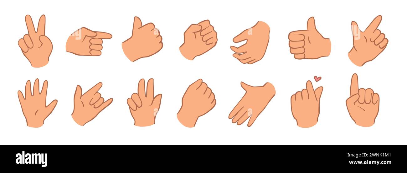 Cartoon hands set. Different gestures pointing, attention, fist, thumbs up. Isolated vector ...