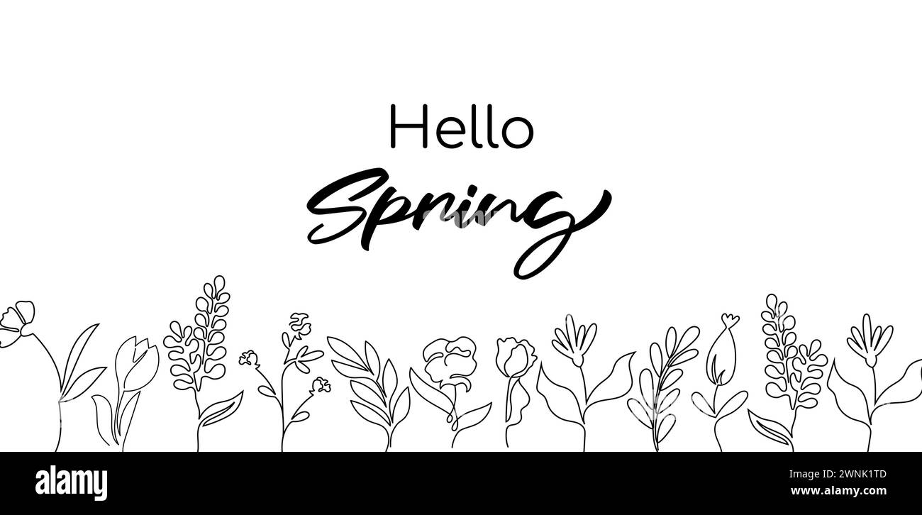 Hello spring line art banner with elegant flowers Stock Vector Image ...