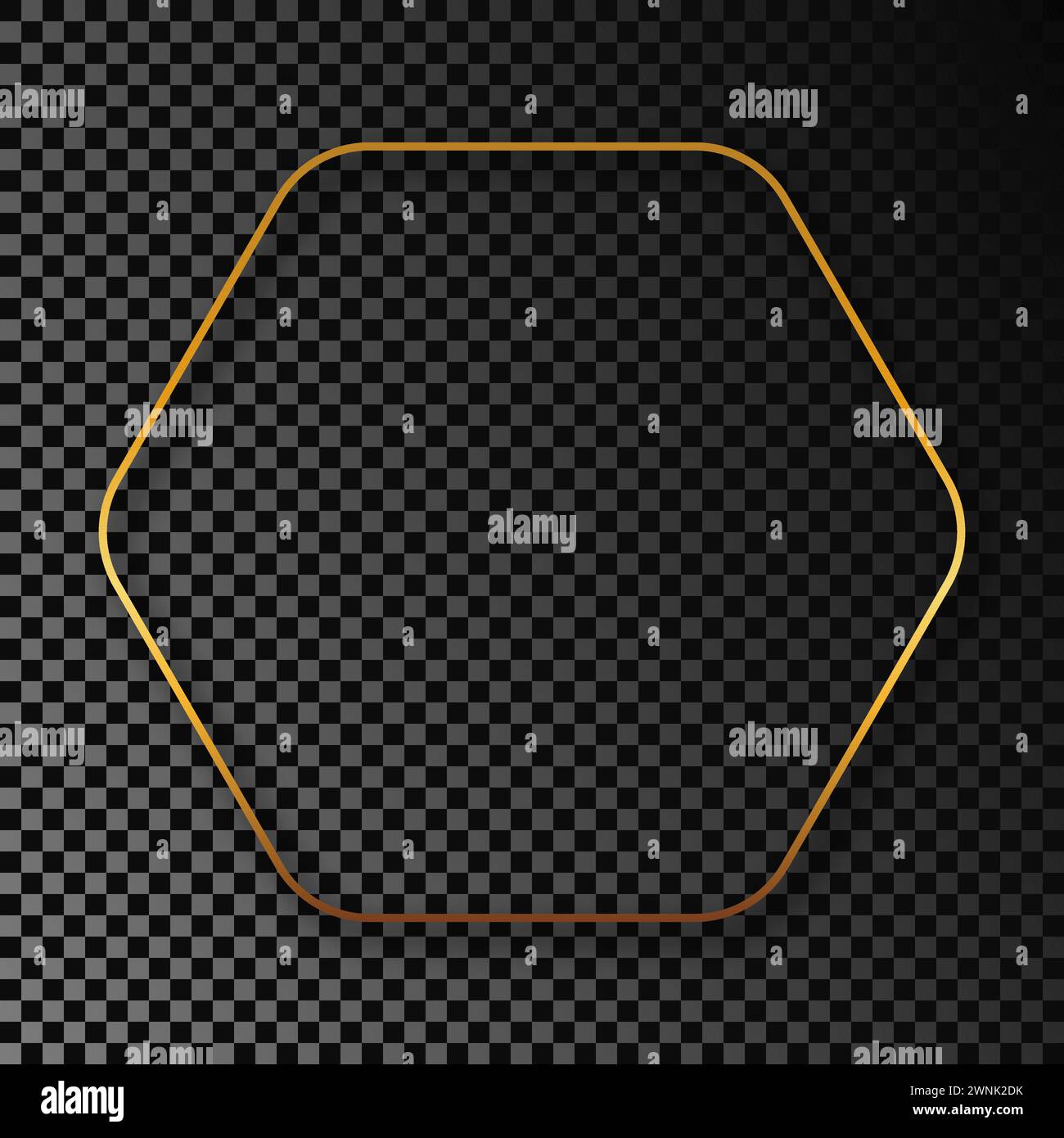 Gold glowing rounded hexagon frame with shadow isolated on dark transparent background. Shiny ...