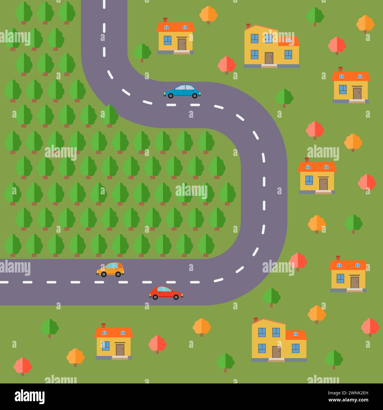 Plan of village. Landscape with the road, forest, cars and houses ...