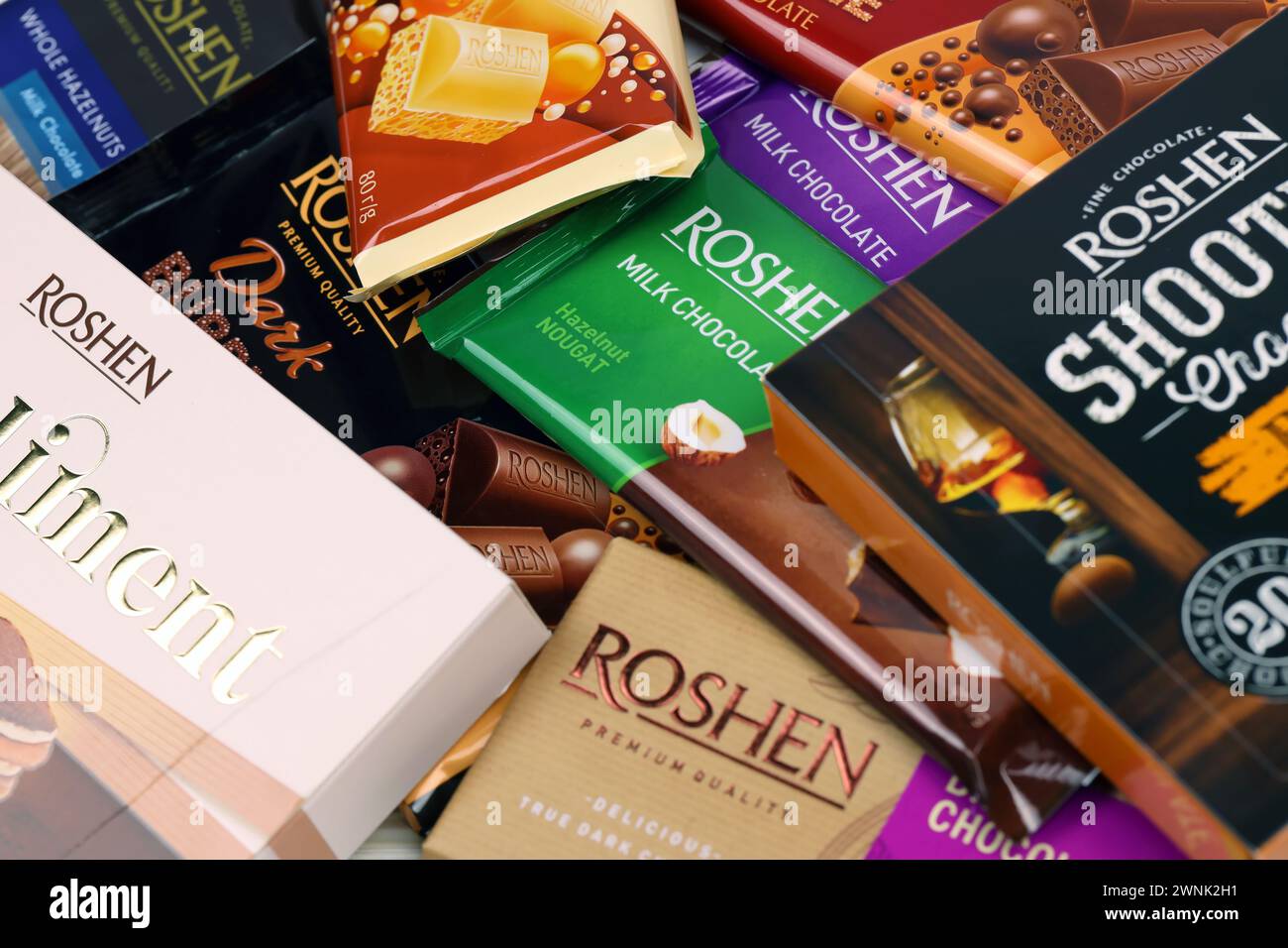 KHARKIV, UKRAINE - JANUARY 2, 2021 Roshen chocolate production. Roshen ...