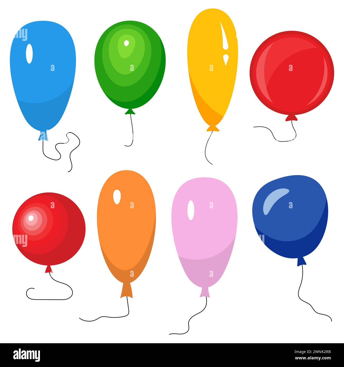 Set of eight colorful balloons with a string isolated on white ...