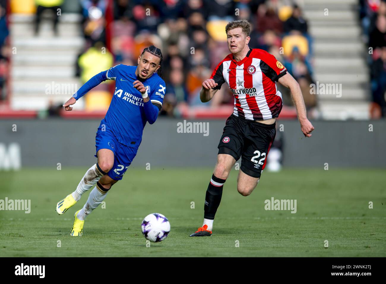 London, UK. 02nd Mar, 2024. Malo Gusto of Chelsea FC and Nathan Collins ...