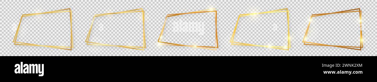 Set of five double gold shiny rectangular frames with glowing effects and shadows on transparent ...