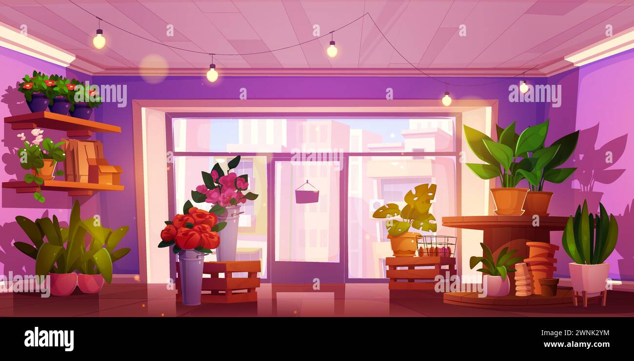 Flower shop interior design. Vector cartoon illustration of floral ...