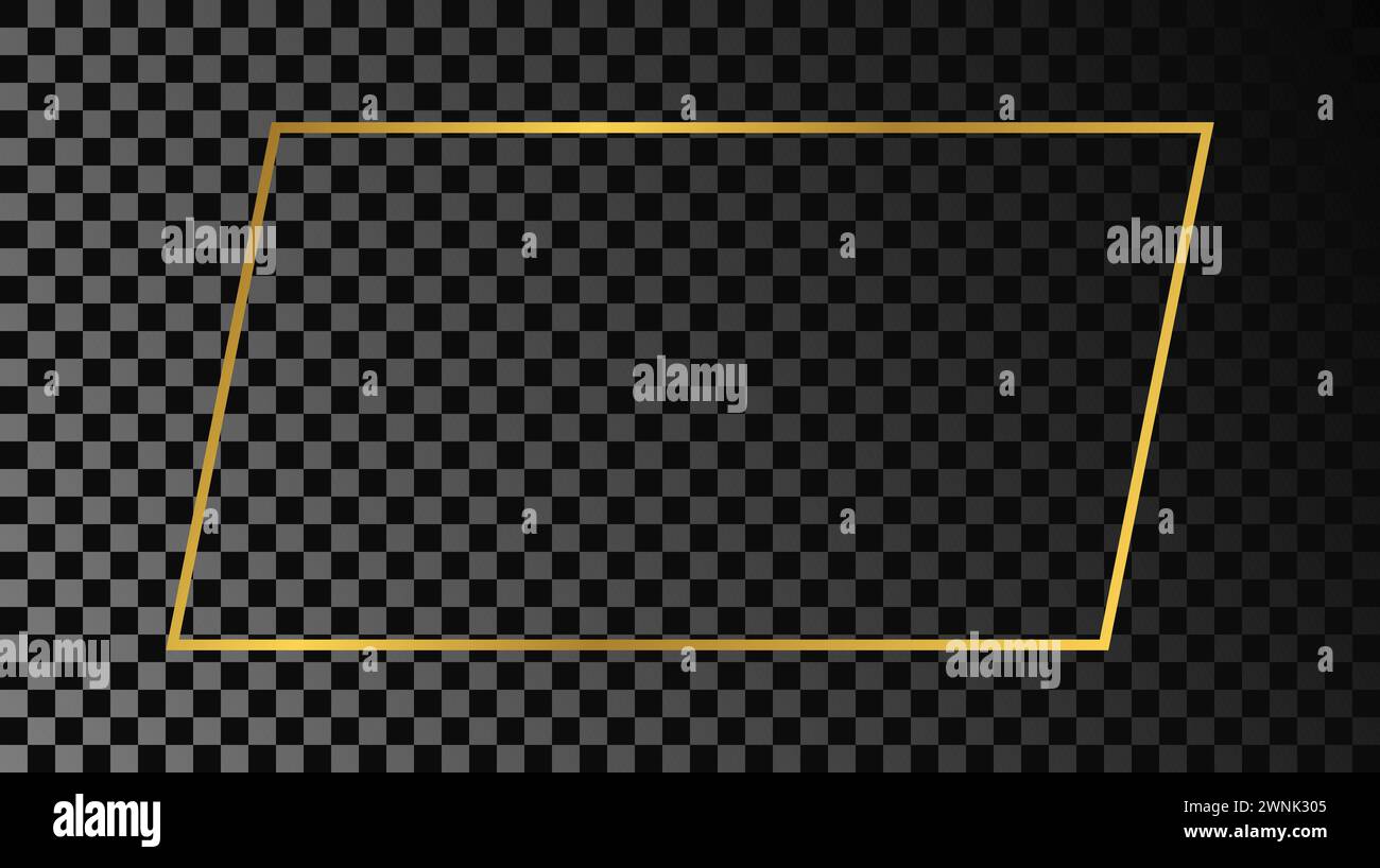 Gold glowing rectangular shape frame isolated on dark transparent background. Shiny frame with ...