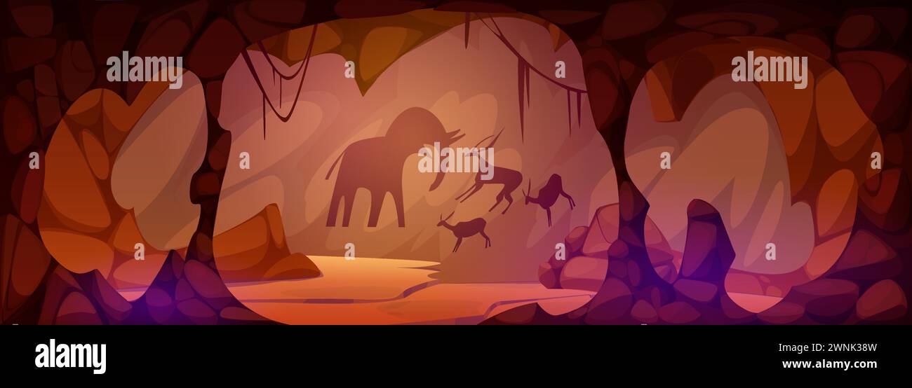 Prehistoric cave with animal drawings on wall. Vector cartoon ...