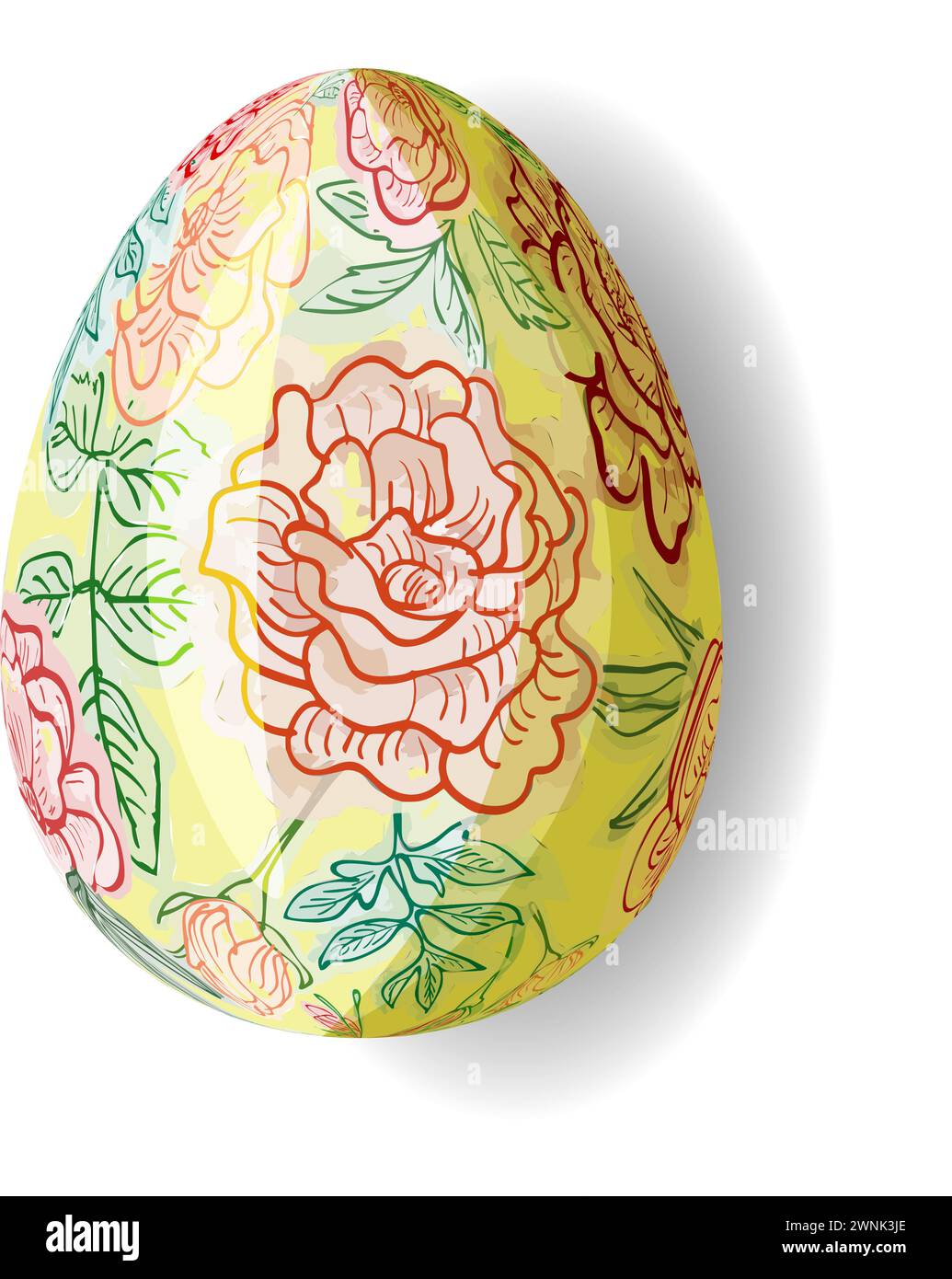 Realistic 3D egg decorated with roses motif drawing in outline and watercolor style for Easter ...