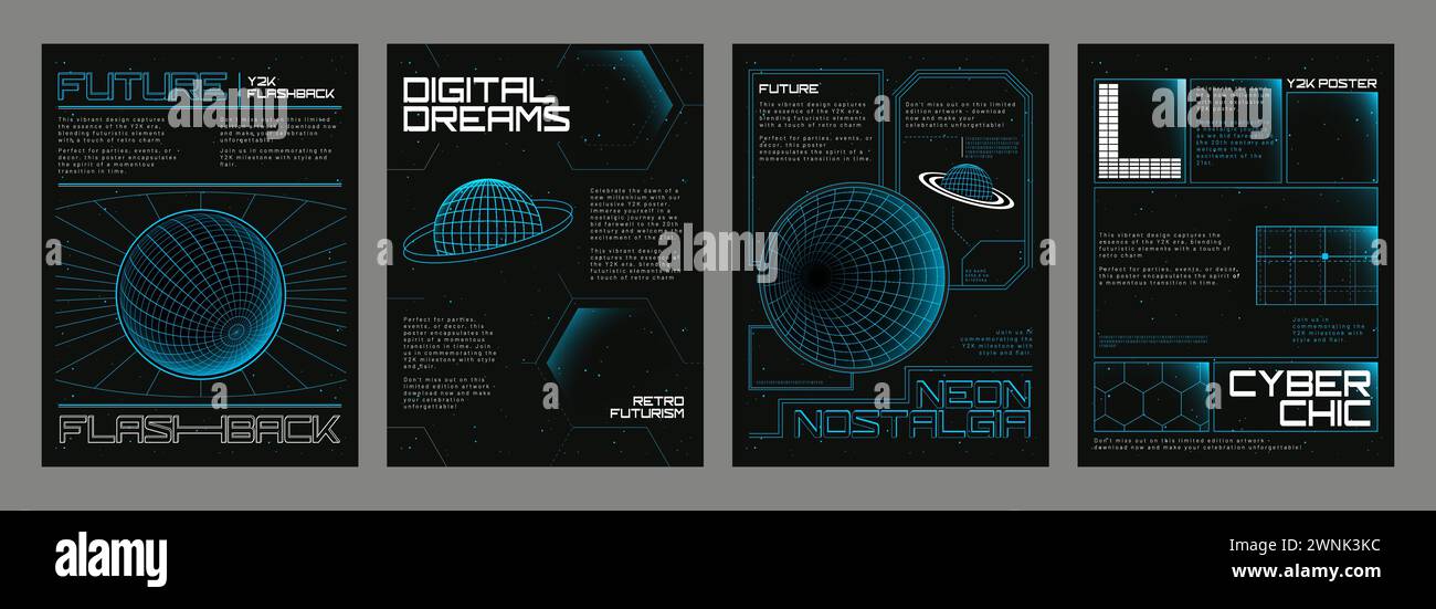 Y2k aesthetic space banners set. Vector realistic illustration of ...