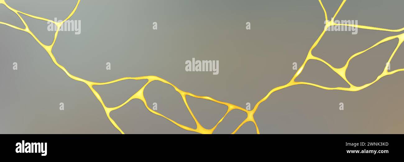 Gold kintsugi crack pattern on gray background. Realistic vector ...