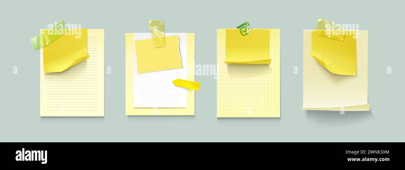 Memo note sticker paper attached with adhesive tape and paperclip ...