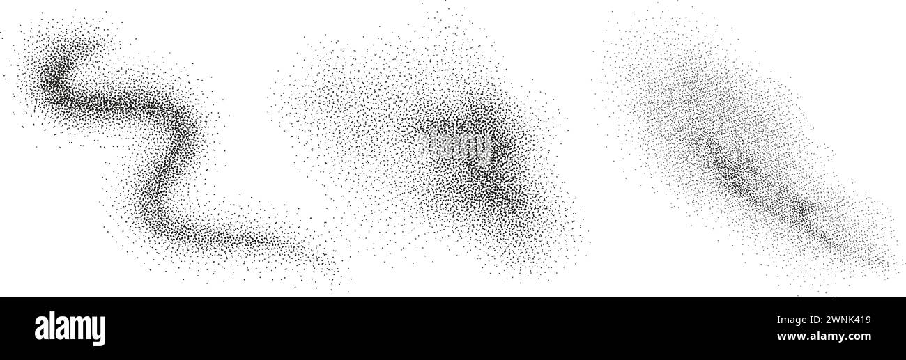 A set of halftone splatter forms forming dark lack stipple grain smoke ...